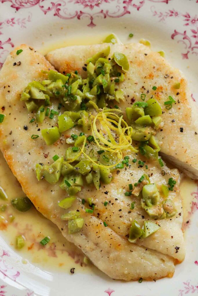 Pan Fried Lemon Sole Meunière with Green Olive Sauce